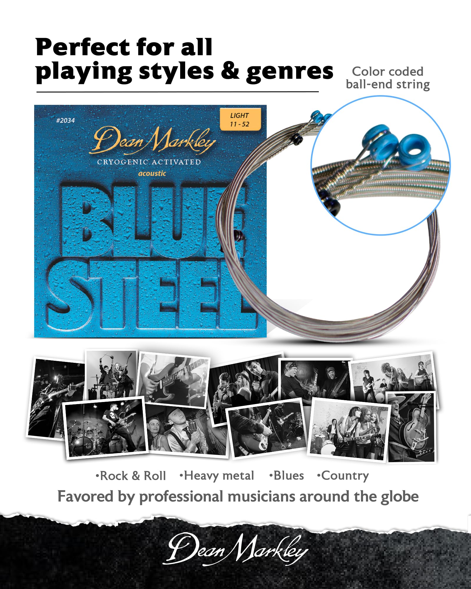 Dean Markley 2034 Blue Steel Acoustic Guitar Strings 6 String Set 11-52 Light Gauge, Cryogenically Processed Steel Guitar Strings for Longer Life, Superior Tone Performance & Tuning Stability