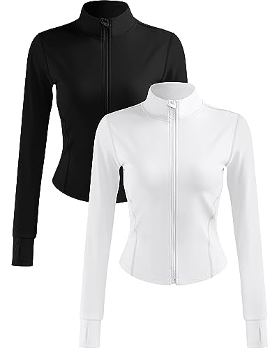 Locoowai 2 Pack Women's Workout Jackets, Long Sleeve Workout Tops with Thumb Holes, Full Zip Lightweight Running Jackets (Small)