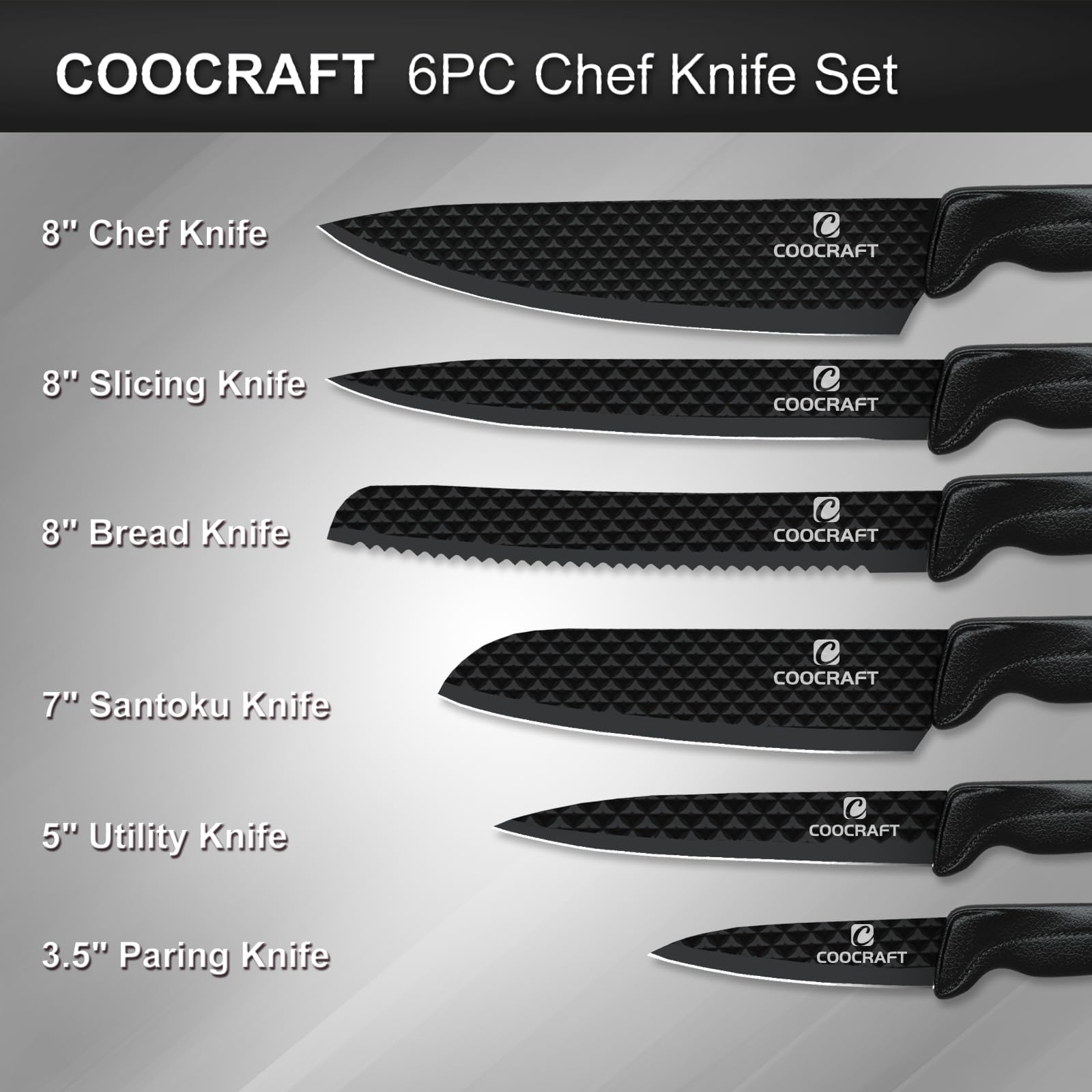 COOCRAFT 6PC Kitchen Knife Set, German Stainless Steel, Kitchen Knife Chef Knife for Cutting, Peeling, Slicing Fruit, Vegetables, Bread and Meat Etc.
