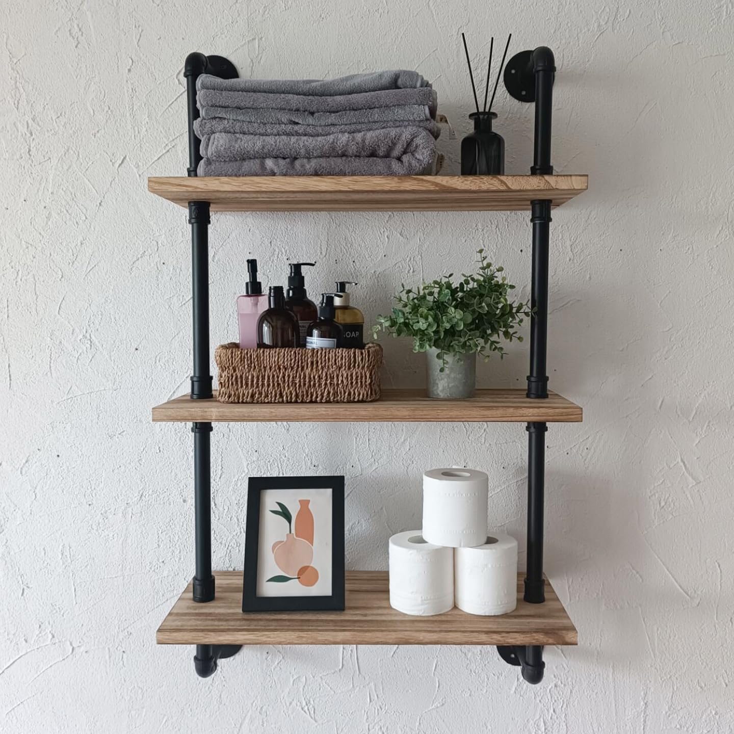 ONOTETUT 2 Tier Industrial Pipe Shelf,24 inch Industrial Wall Shelves,Rustic Wall Mounted Bookshelf,Floating Shelf with Pipe,Pipe Shelving for Bathroom,Living Room,Kitchen,Bedroom