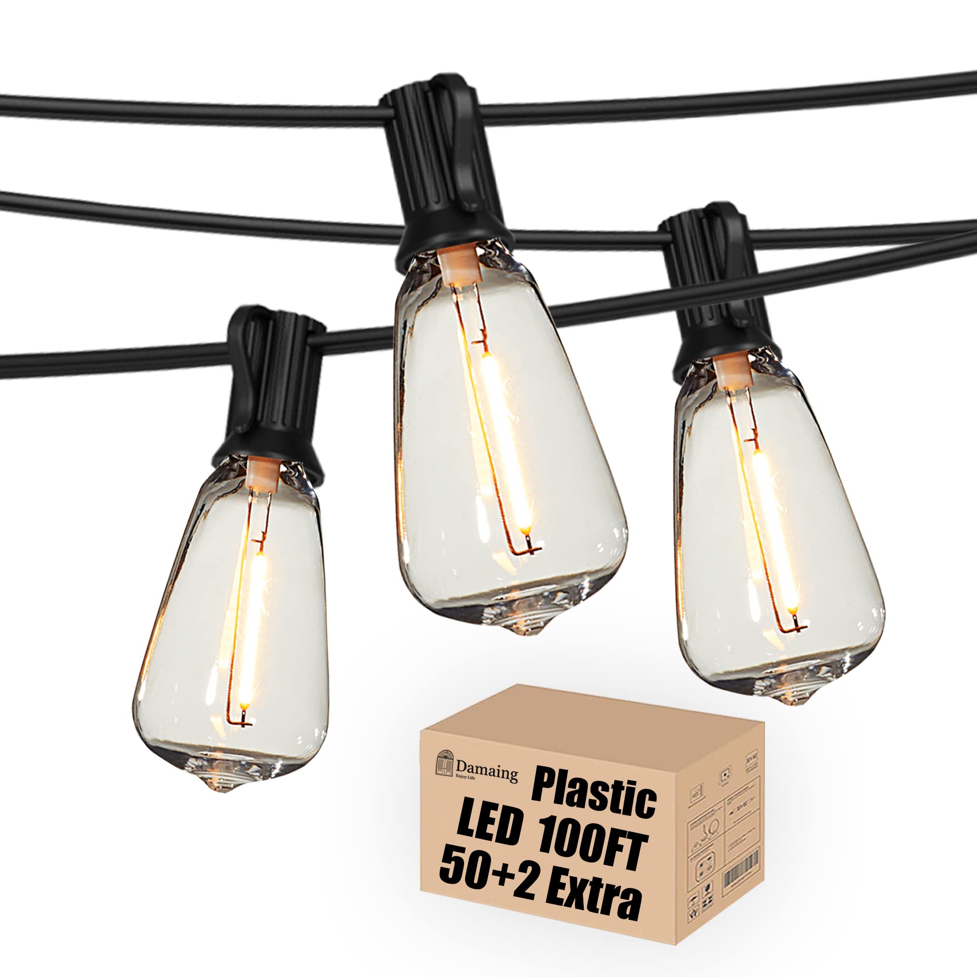 DAMAING Outdoor LED 100 FT Patio String Lights,52 ST38 Shatterproof Edison Style LED Bulbs,Vintage Plastic String Lights Waterproof for Bistro Gazebos Backyard Balcony Porch.