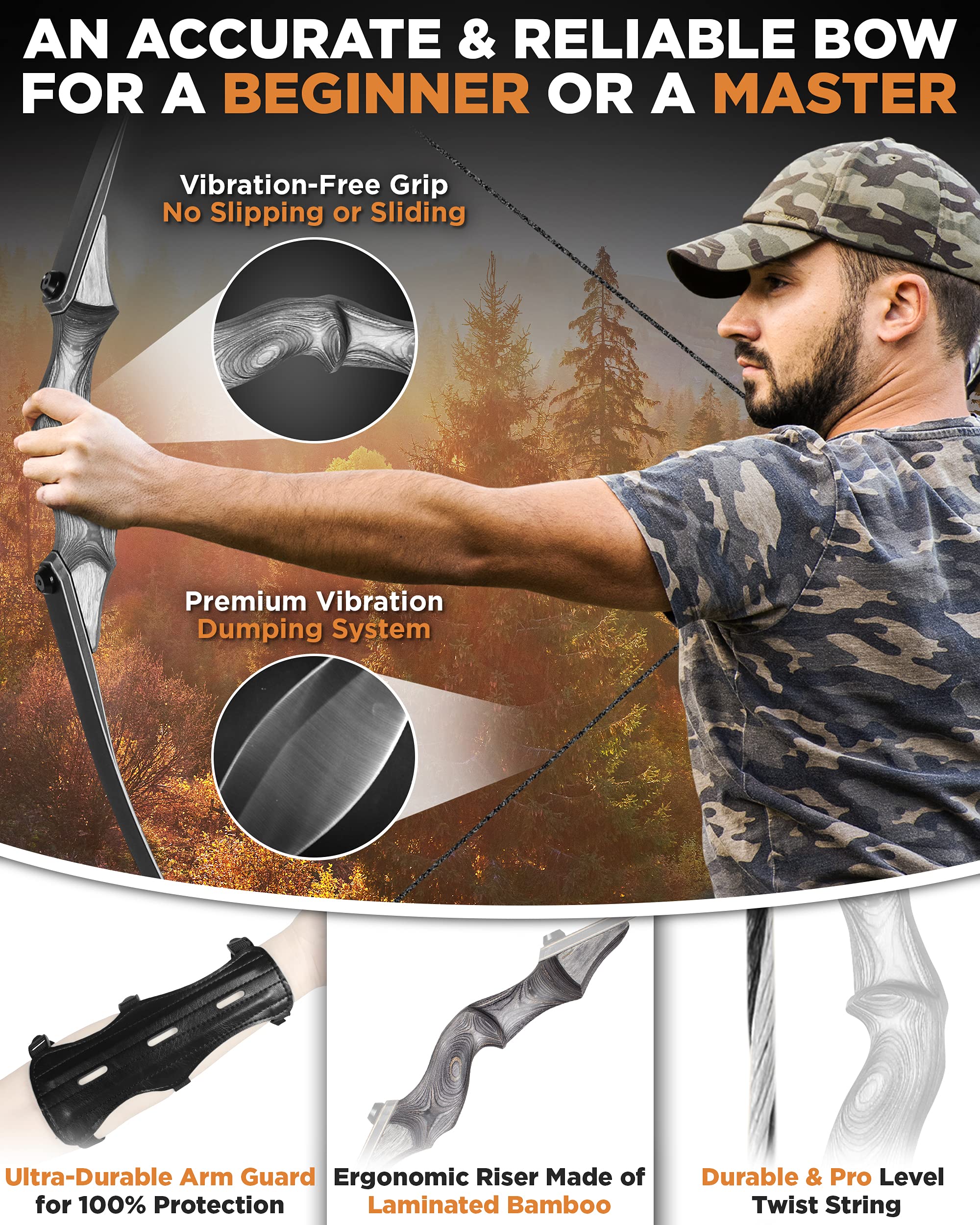 CREATIVE XP Takedown Recurve Bow Set for Adults, Youth, or Beginners – 60” Hunting Target Shooting Archery Bows with Wooden Riser and Fiberglass Limbs – Traditional Right Handed Longbow - 30 Lbs
