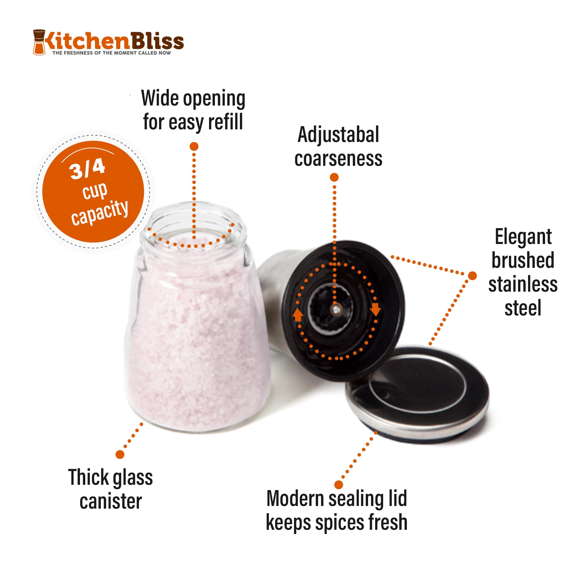 KitchenBliss Professional Salt and Pepper Grinder – Premium Stainless Steel Salt and Pepper Shaker with Ceramic Spice Grinder Mill for Adjustable Coarseness