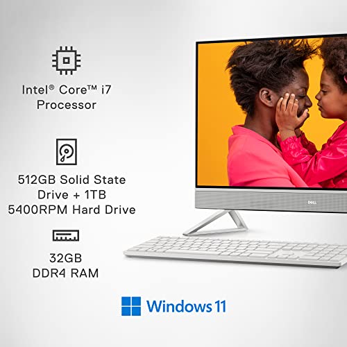 Dell Inspiron 7720 All in One Desktop - 27-inch FHD Touch Display, Core i7-1355U, 32GB RAM, 512GB SSD+1TB HDD, NVIDIA GeForce MX550 GDDR6, Win 11 Pro, Services Included - White (Renewed)