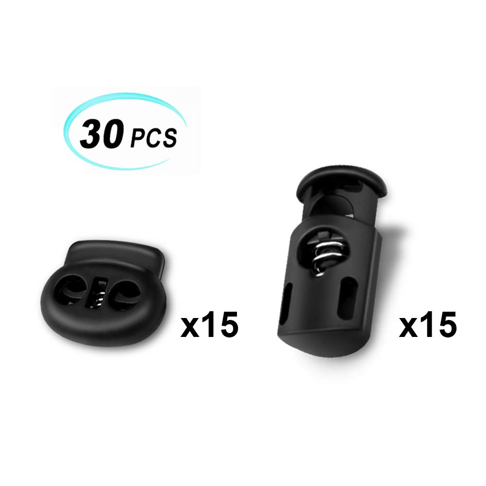 CousDUoBe 30 Pcs Plastic Cord Locks End Spring Stopper,Suit for Drawstrings, Bags, Shoelaces, Clothing, More (15 Double-Hole, 15 Single-Hole, Black
