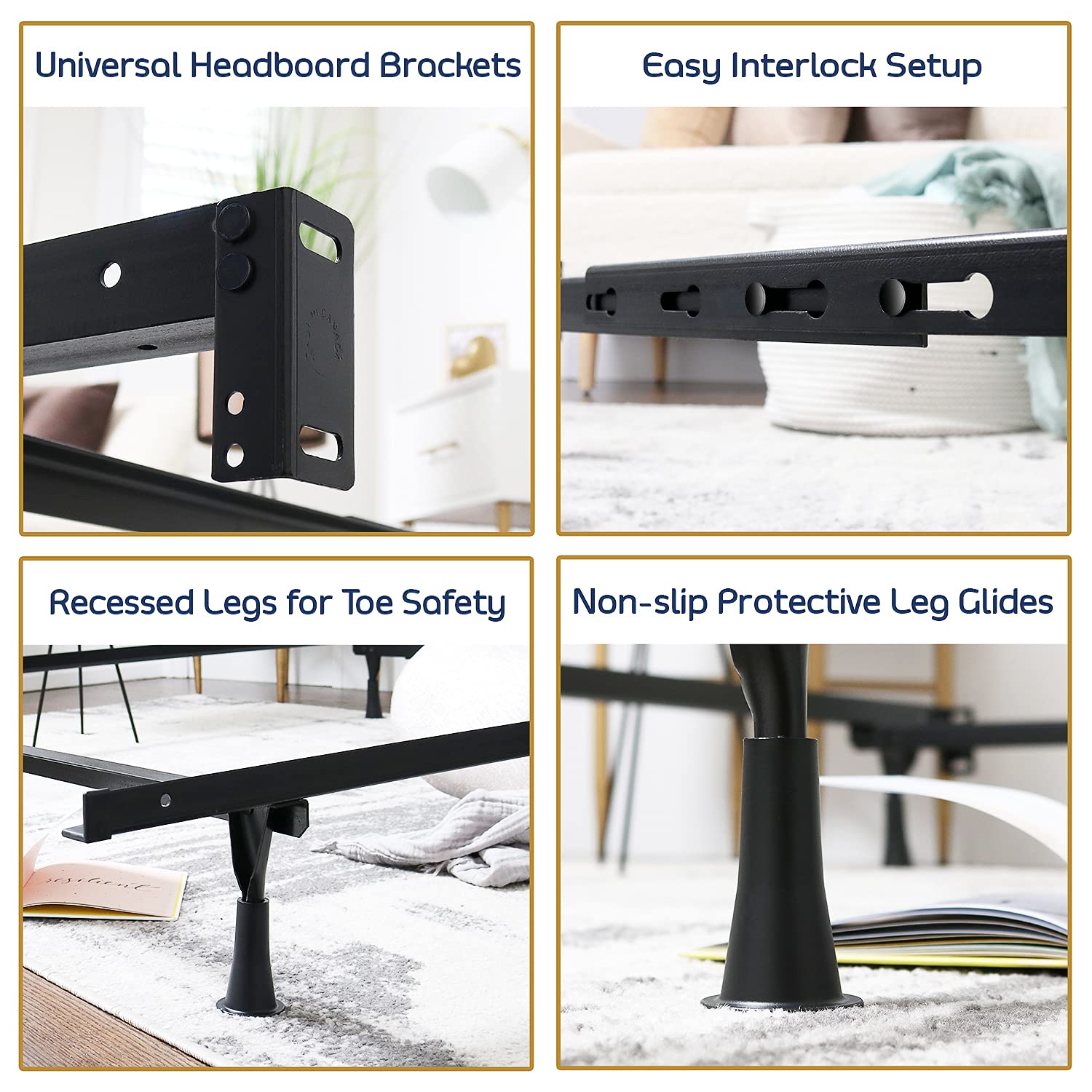 Clara Clark Adjustable Bed Base - Heavy Duty Steel Bed Frame, Metal Twin Bed Frame Expands to Full Bed Rails, Full/Queen Bed Frame - 5.25” H Bed Frame Only, Universal Headboard Brackets, Black
