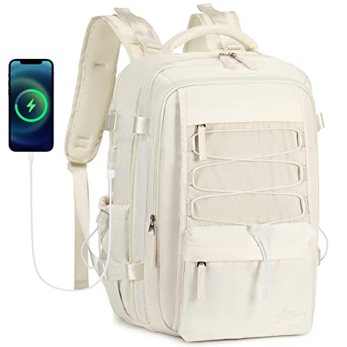 Travel Backpack for Women Men 15.6 Inch Laptop Backpacks with USB Port Carry on Backpack Flight Approved Large Back Packs College Bookbags Outdoor Sports Hiking Rucksack Casual Daypack (White)