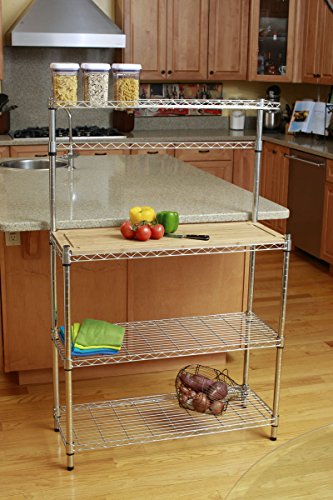 TRINITY EcoStorage Bakers Rack and Pantry Organizer with 3 Shelves, Removable Bamboo Work Surface, and Hooks for Kitchen Organization and Food Preparation, Chrome, 36” W x 14” D x 60” H
