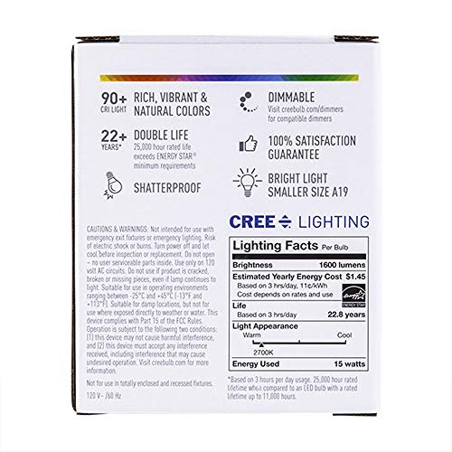 Cree Lighting A19 100W Equivalent LED Bulb, 1600 lumens, Dimmable, Soft White 2700K, 25,000 Hour Rated Life, 90+ CRI | 1-Pack