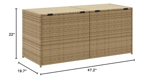GOLINPEILO 74.8 Gal Outdoor Storage Box, Patio Rattan Deck Box, Wicker Storage Bin Deck Box, Poly Rattan Patio Storage Chest with Hinged Lid for Cushions, Pillows, 47.2"x19.7"x22" Mix Beige