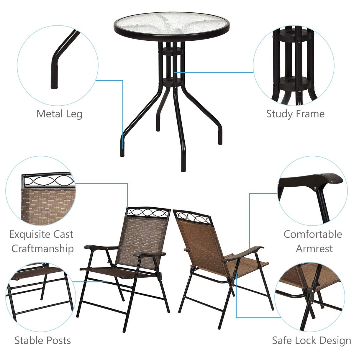 renatone 3 Piece Patio Bistro Set, Outdoor Bistro Dining Furniture Set Table & Folding Chairs for Garden, Pool, Backyard, Tempered Glass Tabletop with Umbrella Hole