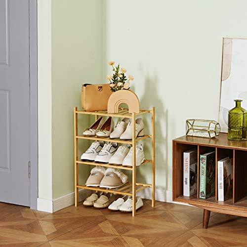 Trenect Shoe Rack for Entryway Closet 4 Tier Narrow Shoe Rack Stackable Organizer Storage Bamboo Shoe Rack Vertical Small Shoe Rack Shelf Free Standing Shoe Racks D11 * W17.7 * H26.2 Inches (Natural)