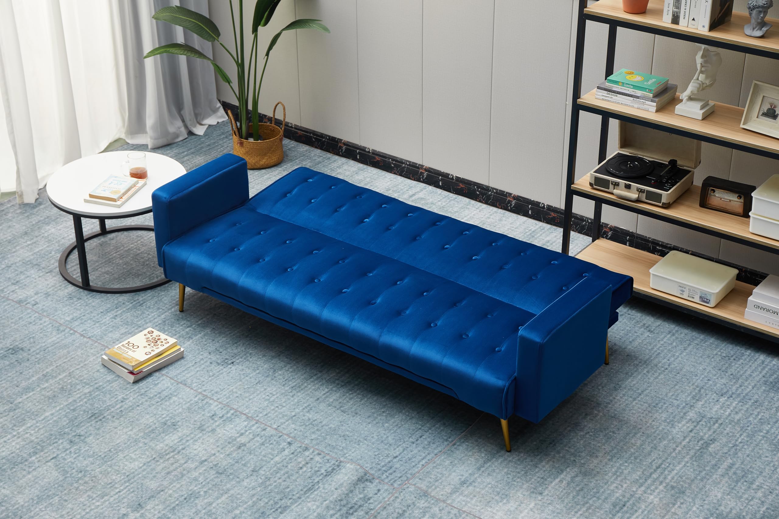 MODCART 75Inch Velvet Futon Sofa Bed with Adjustable Back, Convertible Futon Couch, w/Tufted Buttoned Design & Metal Legs, Upholstered Slpper Bed for Home, Small Space Apartment