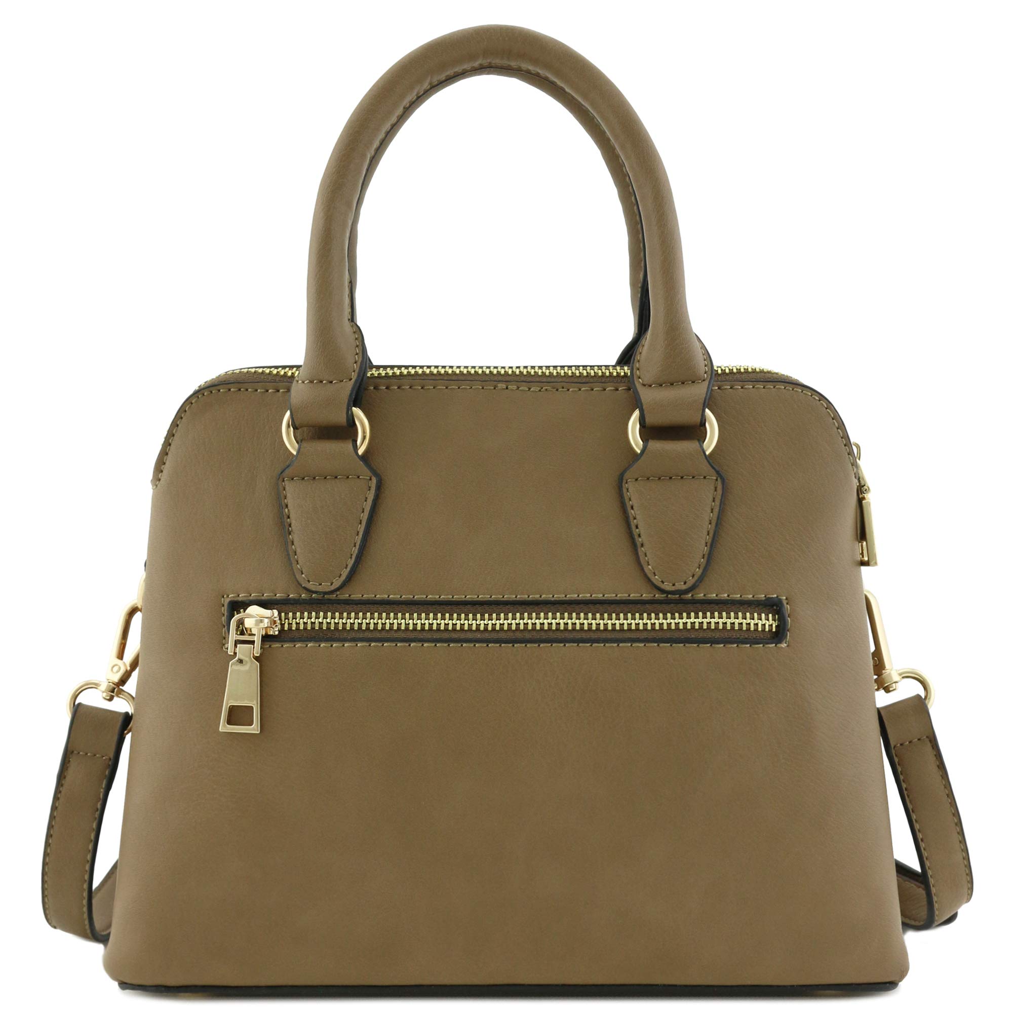 Classic Double Zip Top Handle Dome Satchel Bag (Taupe)