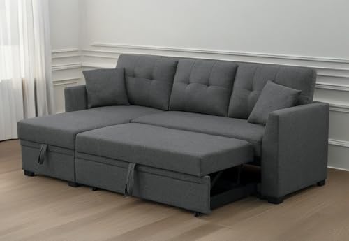 MODCART 81.5" Convertible L-Shaped Sleeper Sofa with Pull Out Bed and Storage Chaise, 4 in 1 Linen Sectional Corner Couch for Living Room, Apartment, Bedroom, Office