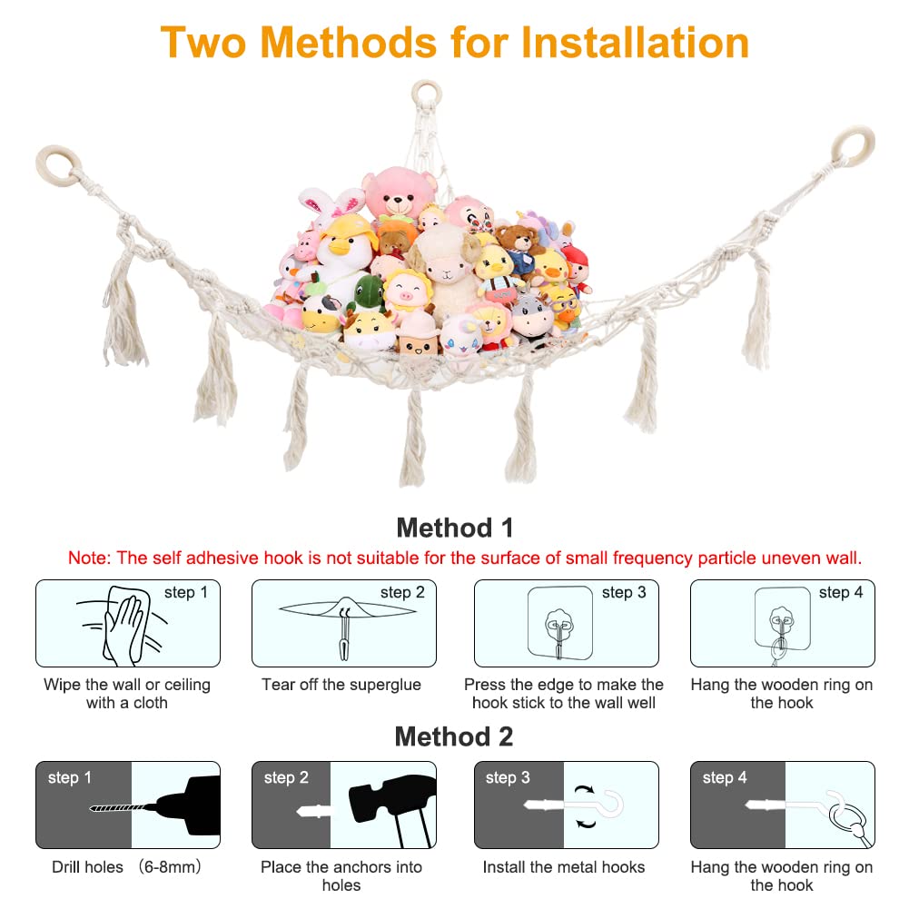 Stuffed Animal Hammock, 41inch Hand-Woven Toy Hammock Boho Tassel Macrame with Star Light String Corner Hanging Organizer Storage Plush Toys Net Holder for Nursery Play Room Kids Bedroom Decoration