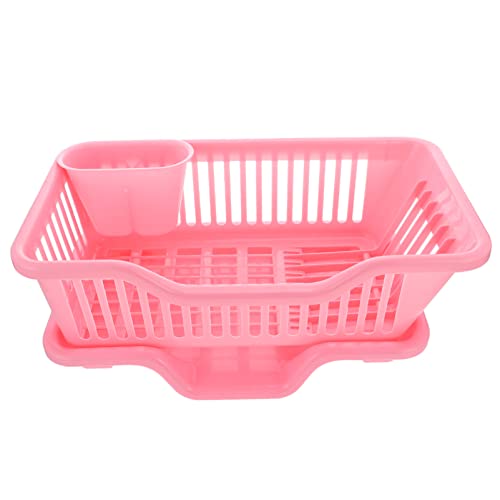 Zerodeko Kitchen Dish Drying Rack with Cutlery Holder Drainboard and Water Spout Plastic Dish Drainer Dinnerware Basket for Kitchen Counter Cabinet Pink