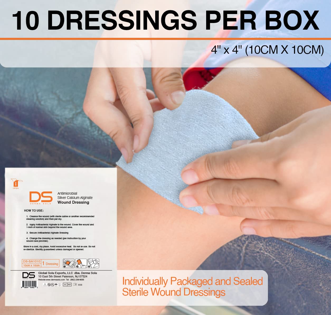DERMA SOLU 4” x 4” Silver Calcium Alginate Wound Dressing Alginate w/Silver Sterile (4" x 4" (10 Dressings))