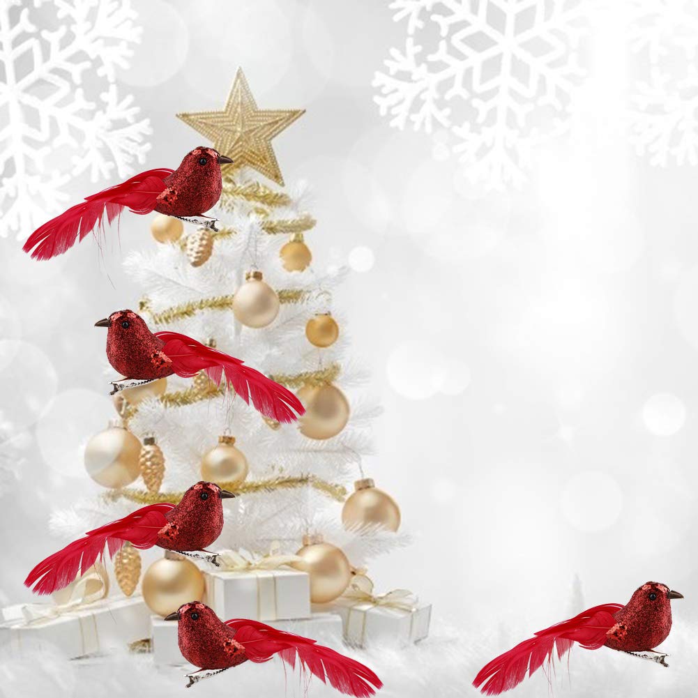 WDDH 12Pcs Artificial Christmas Cardinal Birds, 6inch Glitter Mini Foam Red Christmas Birds with Long Tail Feather, Clip-on Christmas Tree Ornament Small Bird Figurine for Home Garden Wedding Decor