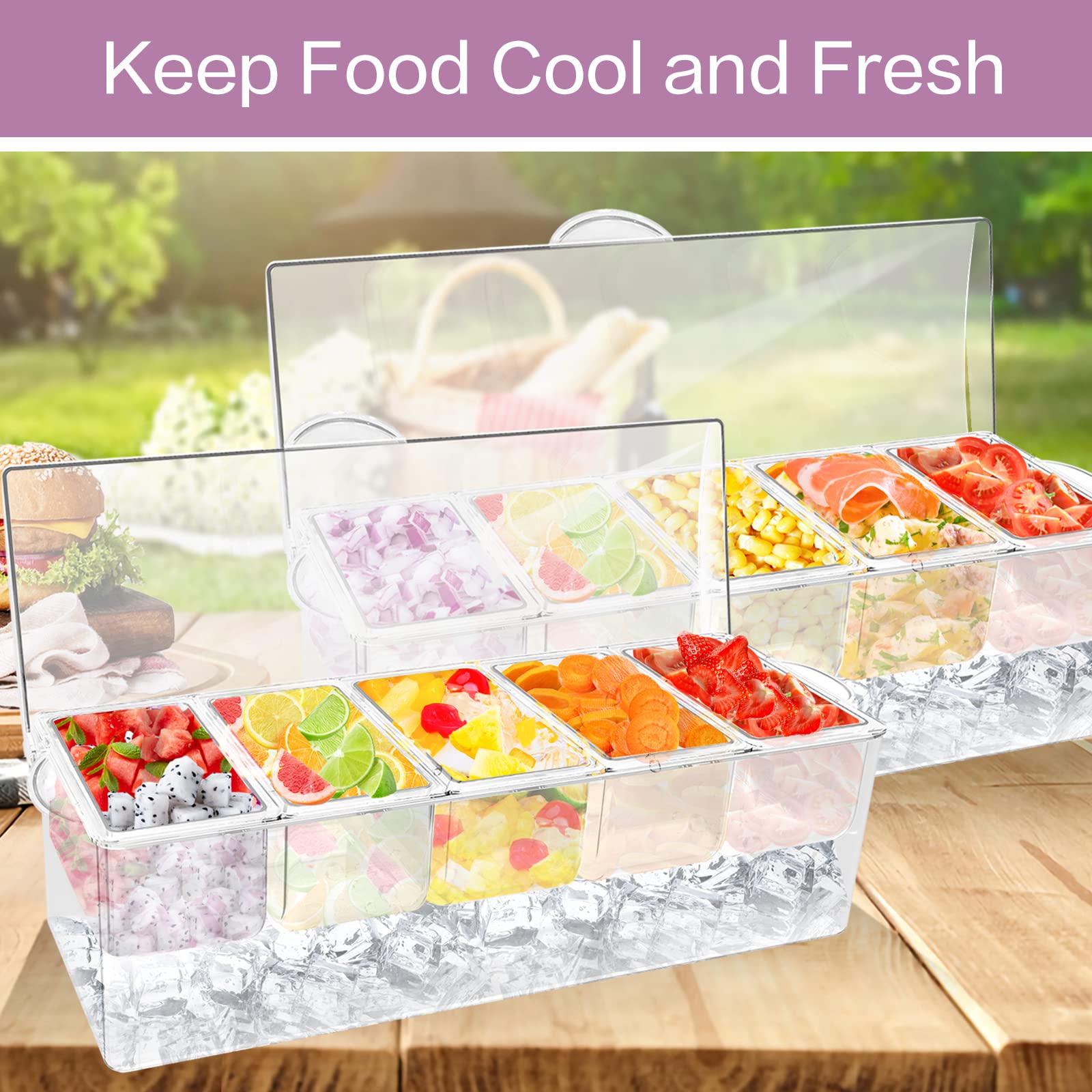 FODIENS 5 Compartment Condiment Server, Ice Chilled Condiment Containers with Lid, Clear Condiment Caddy Serving Tray on Ice with 5 Serving Spoons 5 Fruit Forks 2 Serving Tongs