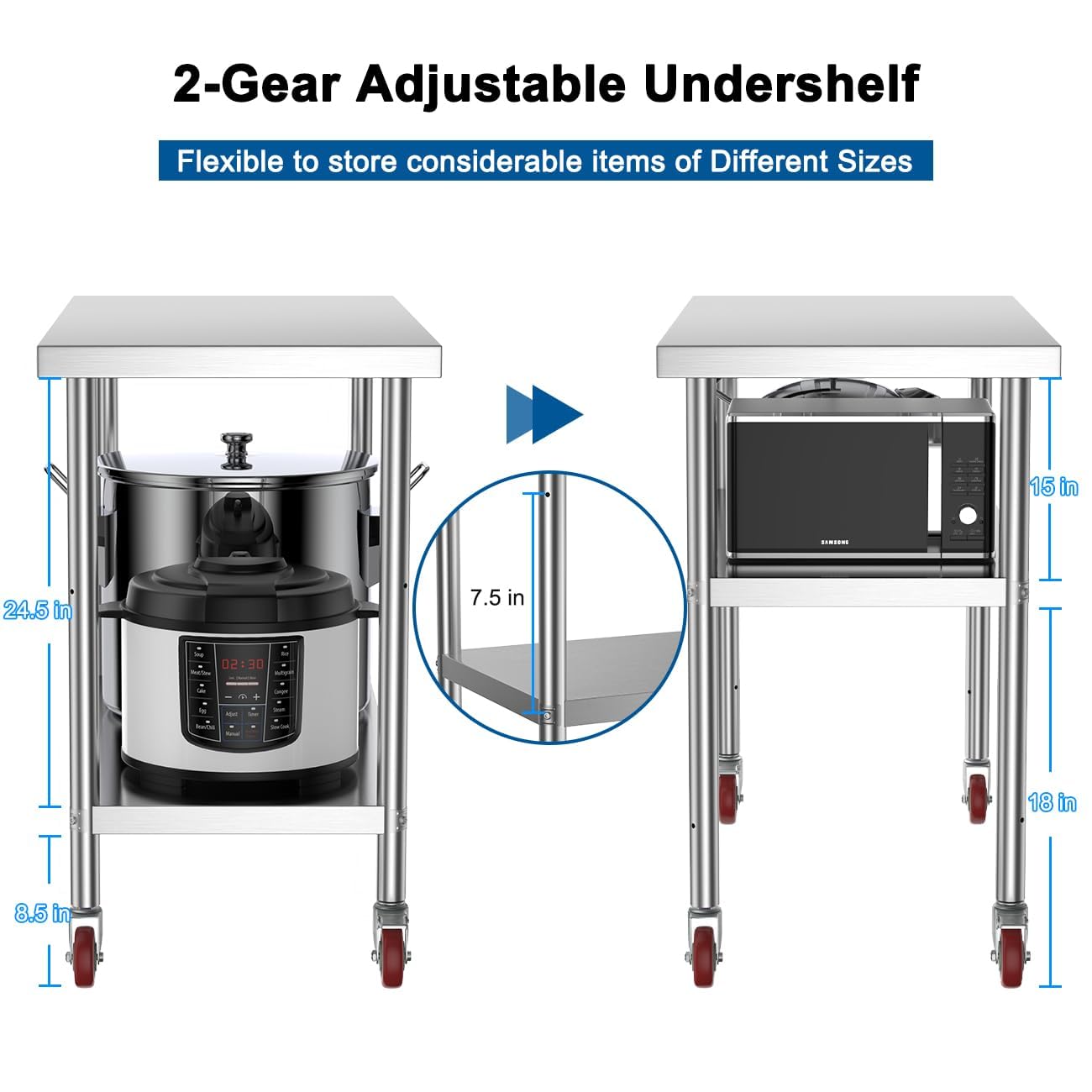 Leteuke Stainless Steel Prep Table, NSF Metal Work Table, SUS201 Commercial Heavy Duty Table with Adjustable Undershelf, Food Prep Table with Wheels for Restaurant Kitchen - 36" x 24" x 37"