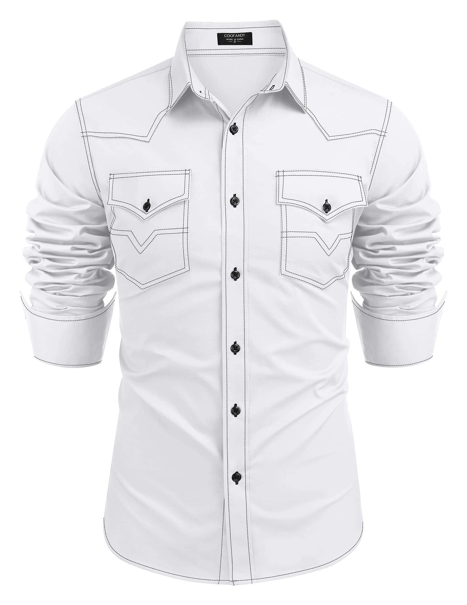 COOFANDY Mens Shirt Western Dress Long Sleeve Casual Cotton Button Down Denim Work, White, Medium, Long Sleeve