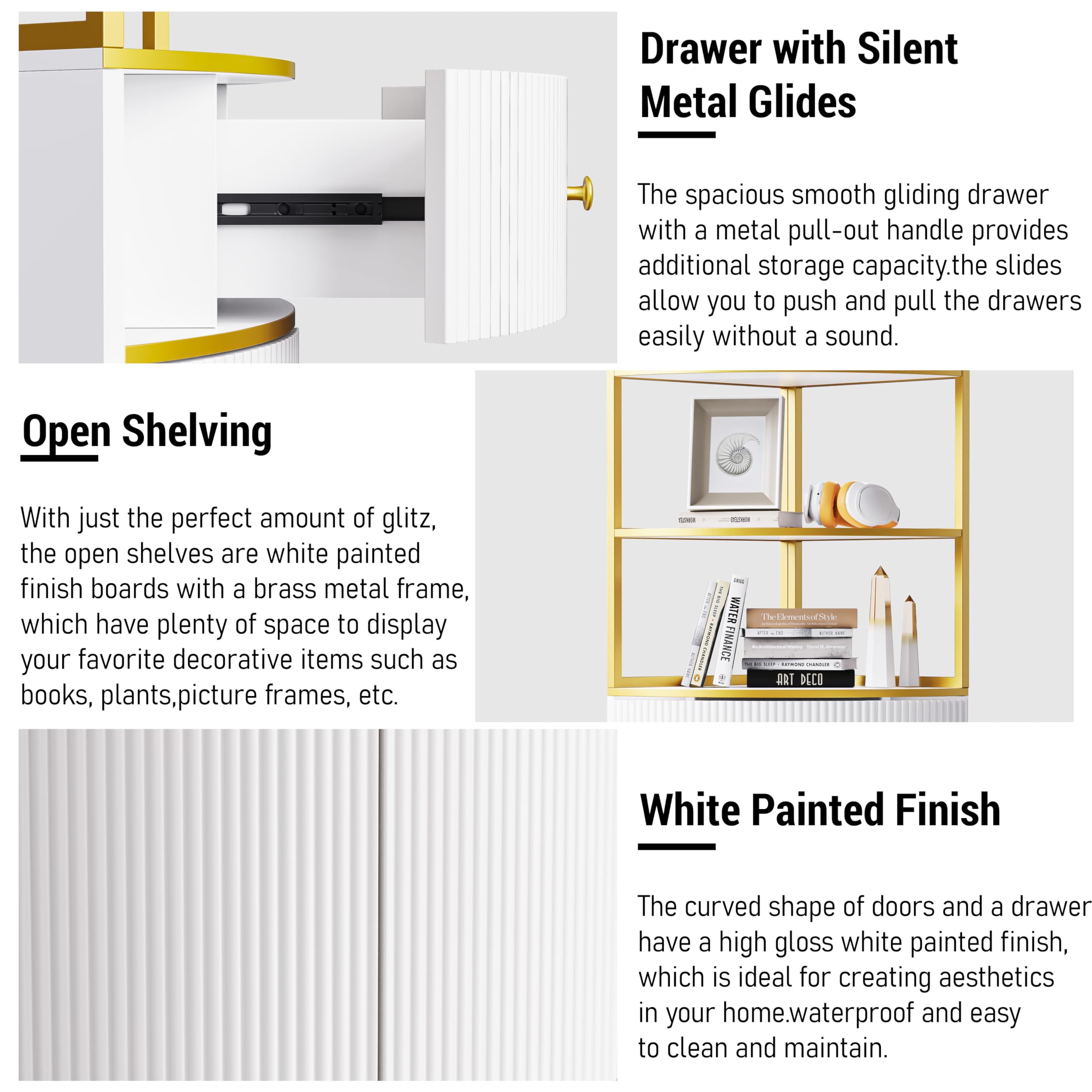 Modern 74.8" Tall Cabinet Corner Bookshelf, Fan Shaped Bookcase with Drawer and 2 Doors, Wooden Standing Corner Shelf with Gold Metal Frame for Living Room Study Room Home Office, White