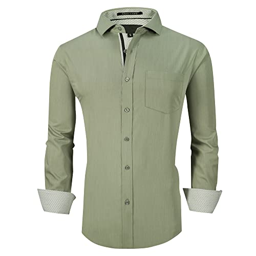 Damipow Mens Dress Shirts Wrinkle Free Bamboo Fiber Long Sleeve Casual Button Down Shirt(Oliven,L)