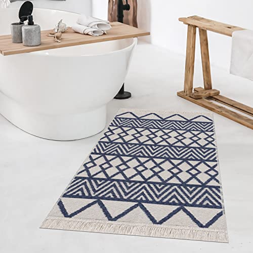 Keen Home Design Area Rugs - 2x4 Reversible and Machine Washable Boho Rug - 100% Cotton - Two Sided Rug for Living Room, Kitchen, Hallway, Bedroom, Entryway - (2β x 3β7ββ, Navy)