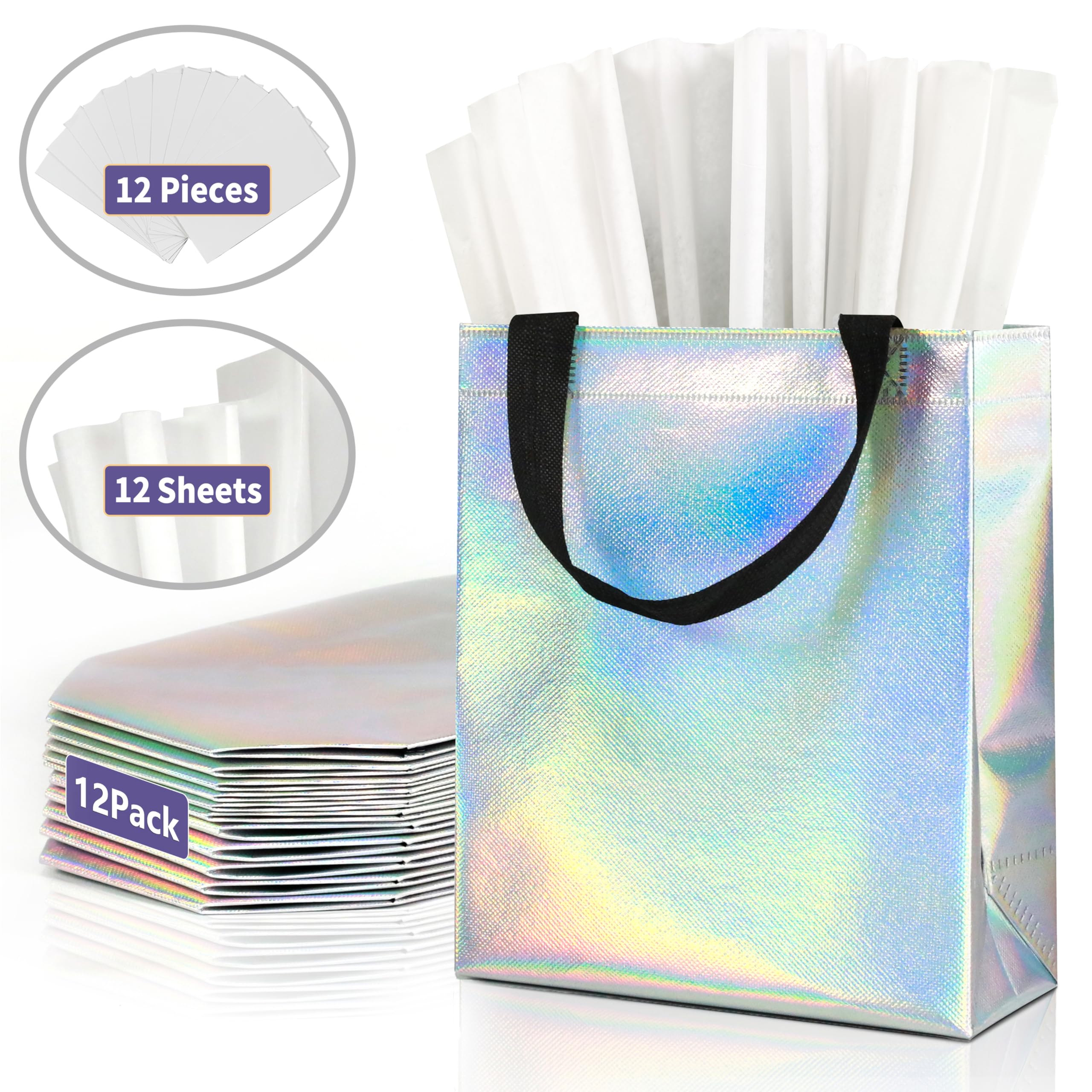 KeerxunBag 12pcs Reusable Gift Bags(Includes Tissue Paper) Gift bag with handle Birthdays Parties Holidays Weddings Medium 10x4x8in rainbow Gift Bags