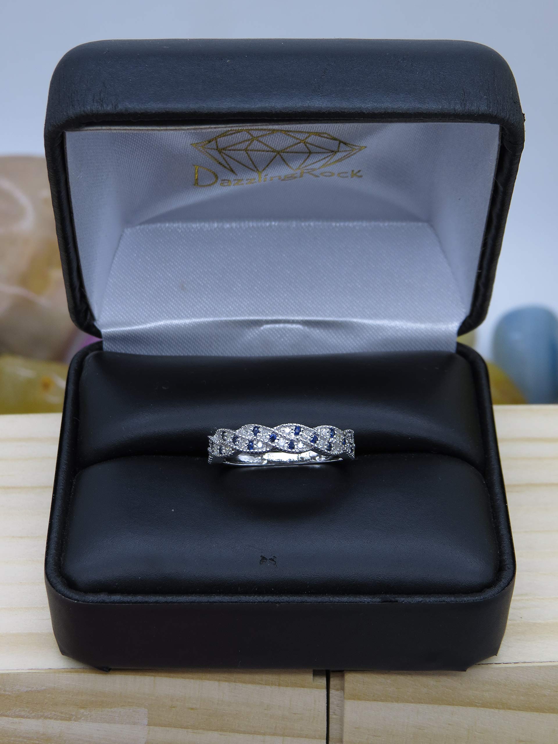 Dazzlingrock Collection 10K Round White Diamond & Blue Sapphire Women Anniversary Wedding Band Swirl Ring, White Gold, Size 7