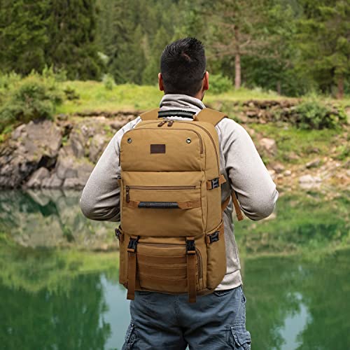 TUGUAN 50/60L Travel Backpack, Laptop Backpack for Men Large Capacity Outdoor Tactical Hiking Backpack with Shoe Compartment Expandable Canvas Rucksack for Travel Camping Climbing, Brown