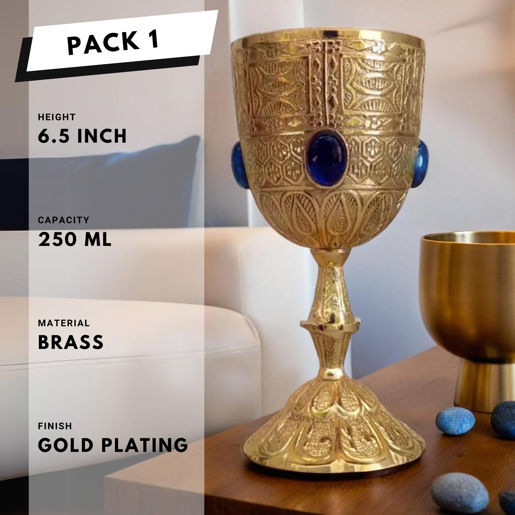 REPLICARTZ Chalice Goblet Wine Glasses Gold Plated Brass Gift Chalice Wine Goblet Vintage Chalice Medieval Goblet, Best for Daily Use, Wedding Anniversary and Birthday 250 ml Pack of 1