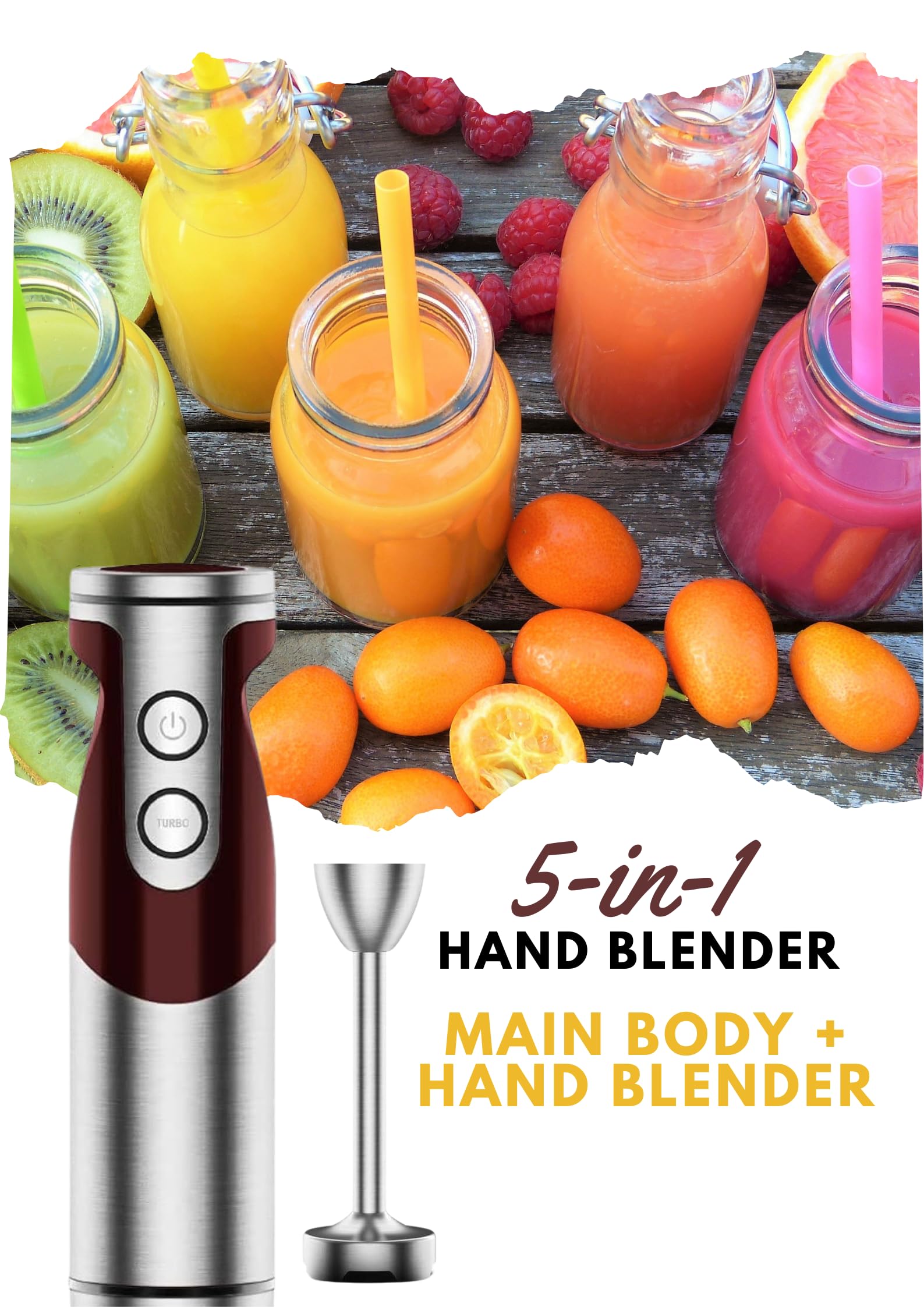 MegaWise 5-in-1 Hand Blender Set with Variable Speed Control, 400W Immersion Blender - Includes Whisk, Milk Frother, Chopper, and Beaker for Smoothies, Soups, and Baby Food (RED)
