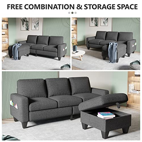 Lonkwa Convertible Sectional Sofa L-Shaped Couch, Dark Gray Couches for Living Room with Reversible Chaise, 3-Seat Modern Linen Sectional Couch for Living Room/Apartment/Office/Small Space