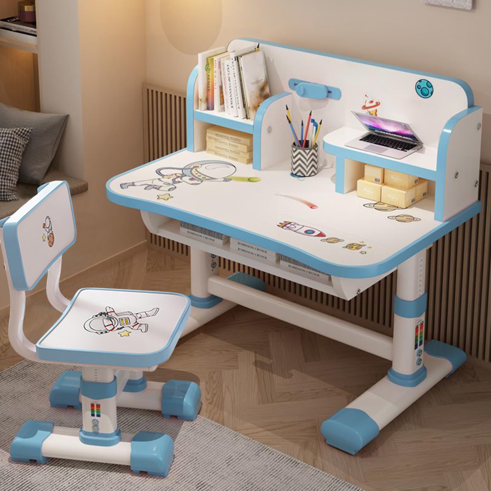 Kids Study Desk and Chair Set, Height Adjustable Kids School Desk, Wood Cartoon Learning Desks, Kids Desk with Storage, Children Study Table with Storage, Large Writing Board, Bookshelf⌠(Blue)
