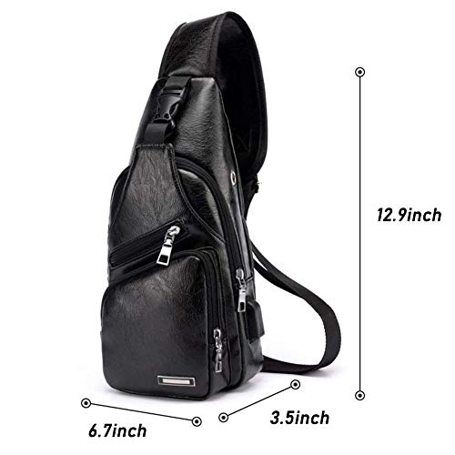 QICHUANG Men Sling Bag Leather Unbalance Chest Shoulder Bags Casual Crossbody Bag Gift for Men (black)