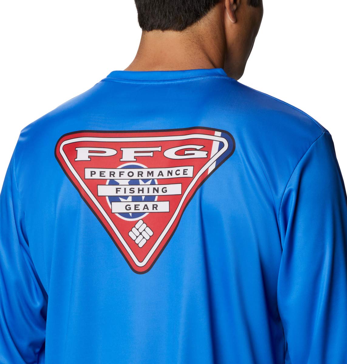 Columbia Men's Terminal Tackle PFG State Triangle Long Sleeve, Moisture Wicking, UV Sun Protection, Vivid Blue/Tn Flag, 5X Tall