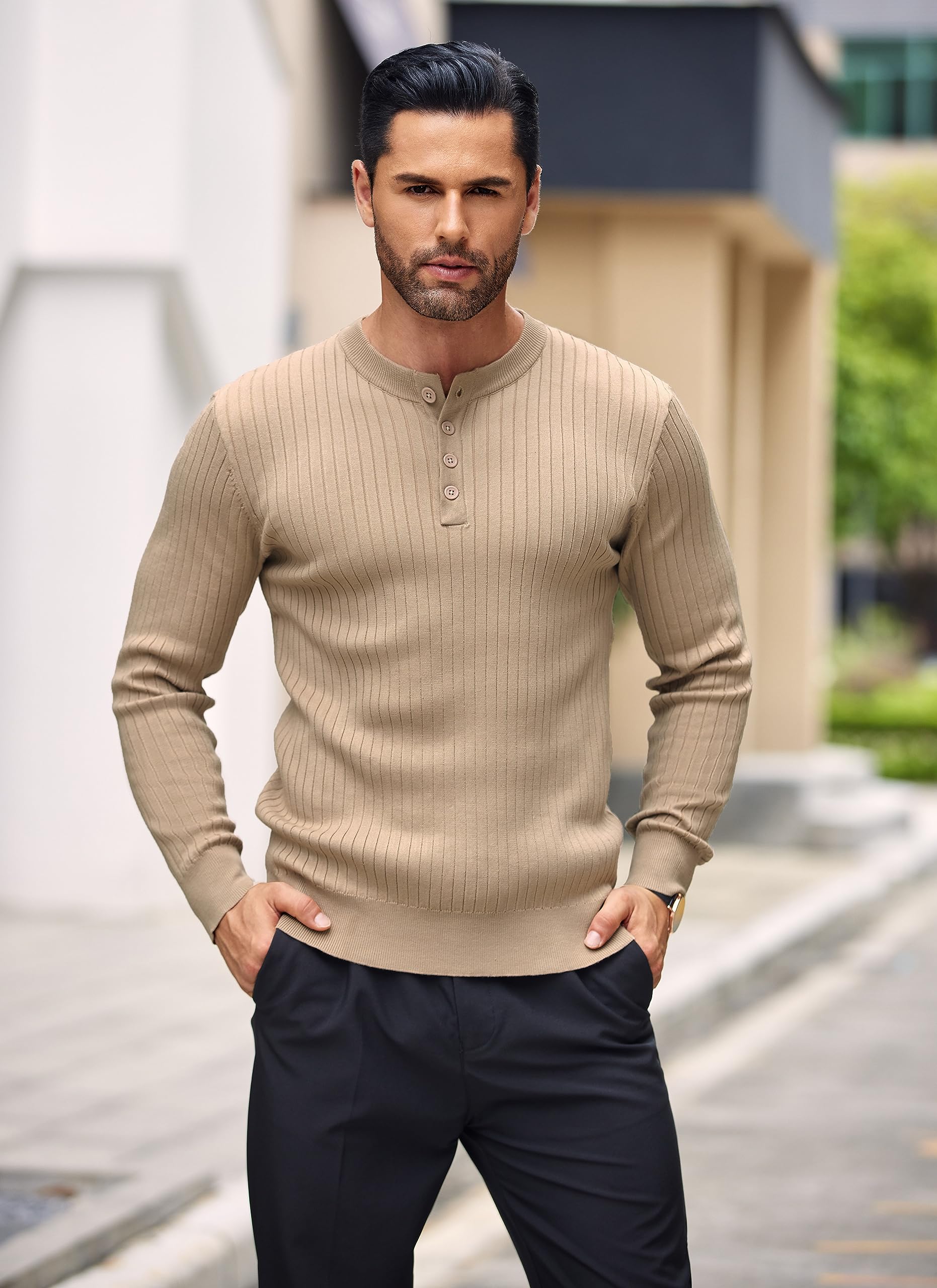 COOFANDY Men's Long Sleeve Knit Henley Shirts Casual Henley T-Shirts Lightweight Ribbed Sweater Khaki