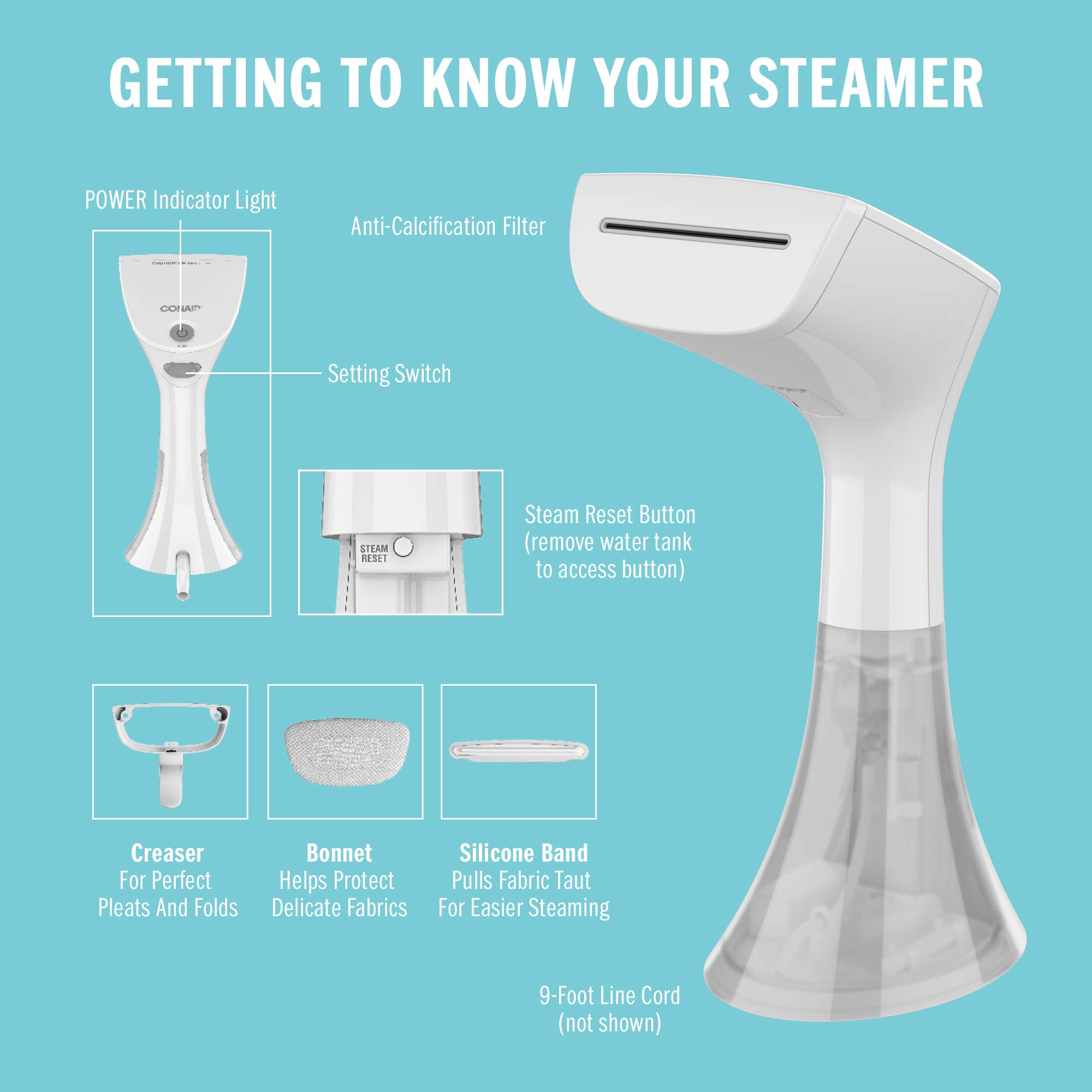 Conair ExtremeSteam 1250 Watt Handheld Fabric Steamer with Advanced Heat Technology and Anti-Calcification Filter, White