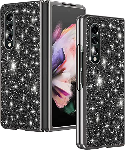 Z Fold 3 Glitter Case for Samsung Galaxy Z Fold3 5G Phone Case for Women Girls, Slim Ultra Thin Matte Back Shockproof Protective Cover for Samsung Z Fold 3 5G, 7.6" Crystal Bling Case (Black)