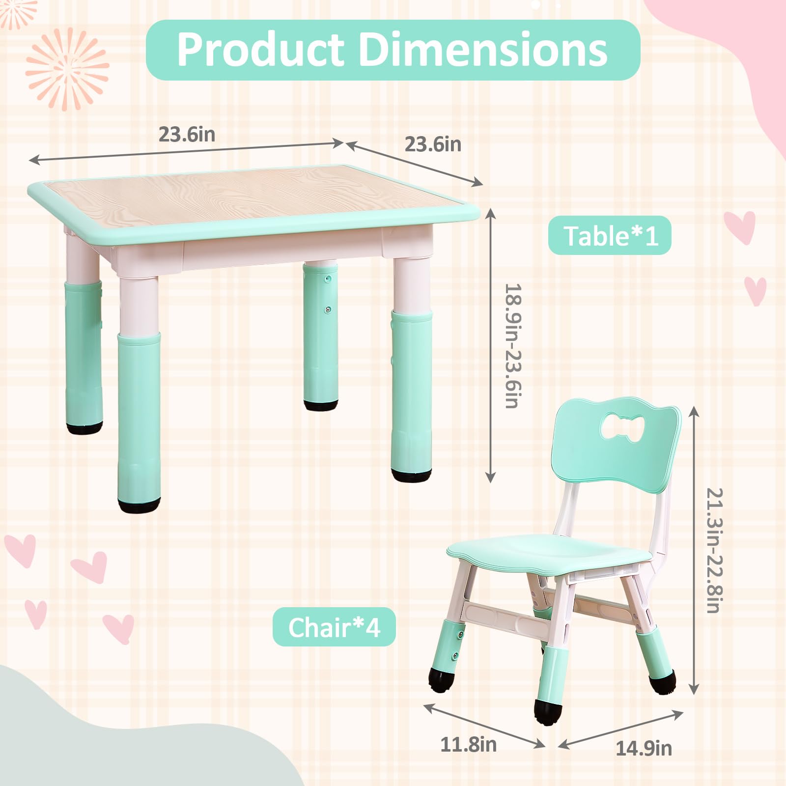Kids Table and Chairs Set, Height Adjustable Desk with 4 Seats for Ages 2-10,Arts & Crafts Table,Graffiti Desktop, Non-Slip Legs, Max 300lbs, Children Multi-Activity Table for Classrooms,Daycares,Home