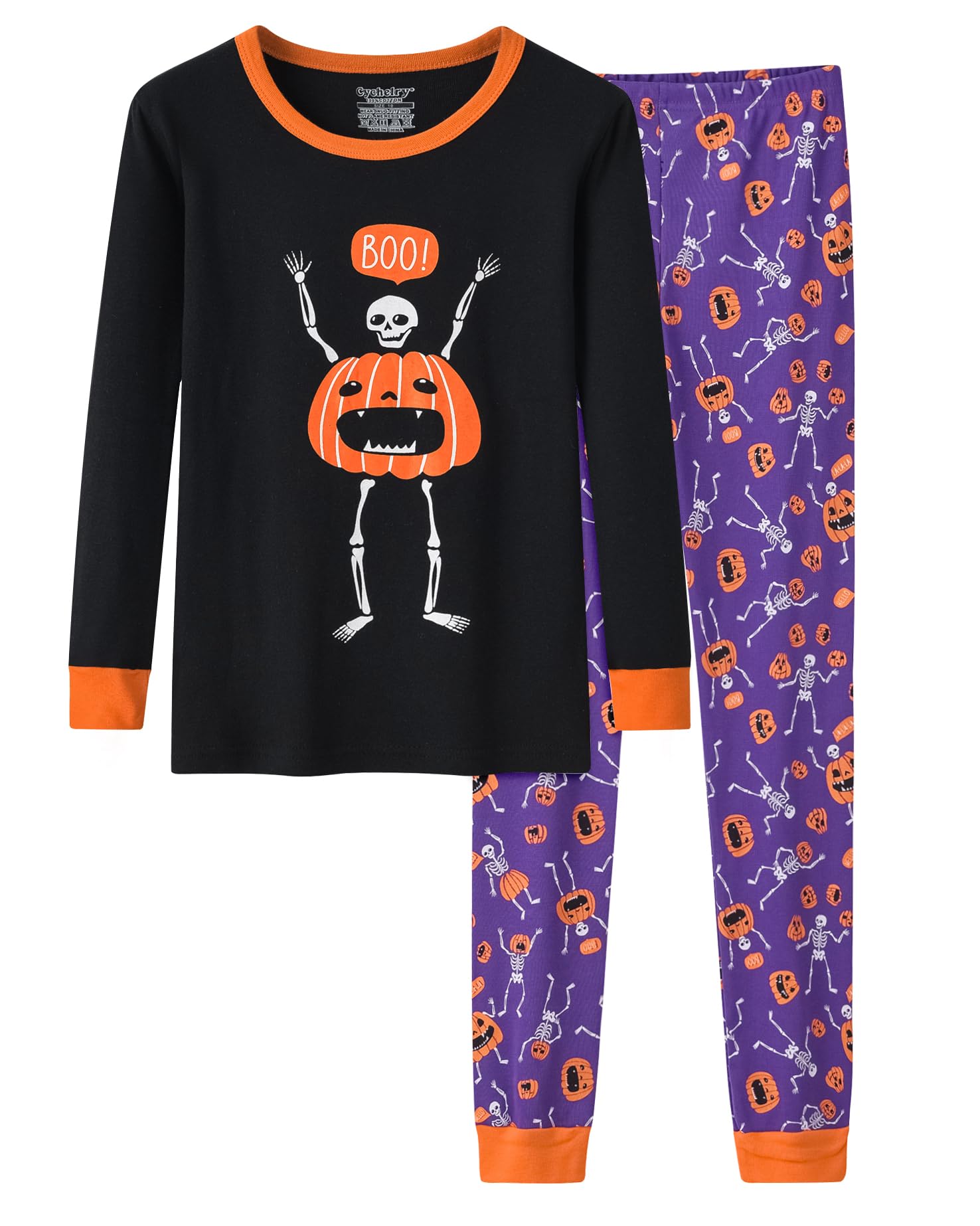 CYCHELRY Black Pumpkin Pajamas for Girls Size 7 Snug Fit Cotton PJS Kids Sleepwear Cute Children Jammies Set