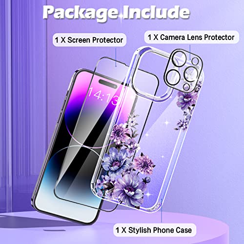 OKP Case [3 in 1] for iPhone 14 Pro, with Screen Protector & Camera Lens Protector, Floral Slim Shockproof Cute Phone Case 6.1 inch 2022 Clear Glitter Protective Cover for Women Girl, (Purple/01)