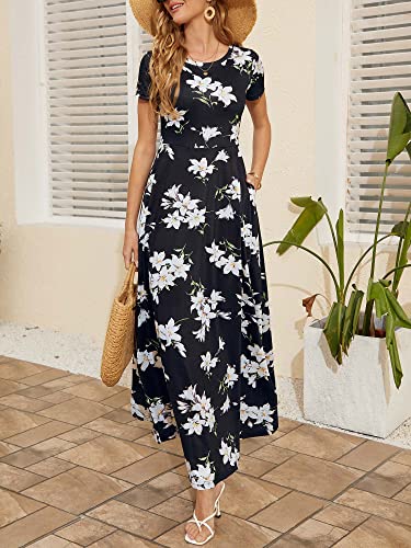 ZABERRY Womens Floral Maxi Dresses Summer Short Sleeve Round Neck Long Dress Lily Floral L