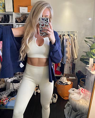 QINSEN Womens Yoga Leggings 2 Piece Outfits Running Crop Top Seamless High Waist Leggings Beige M