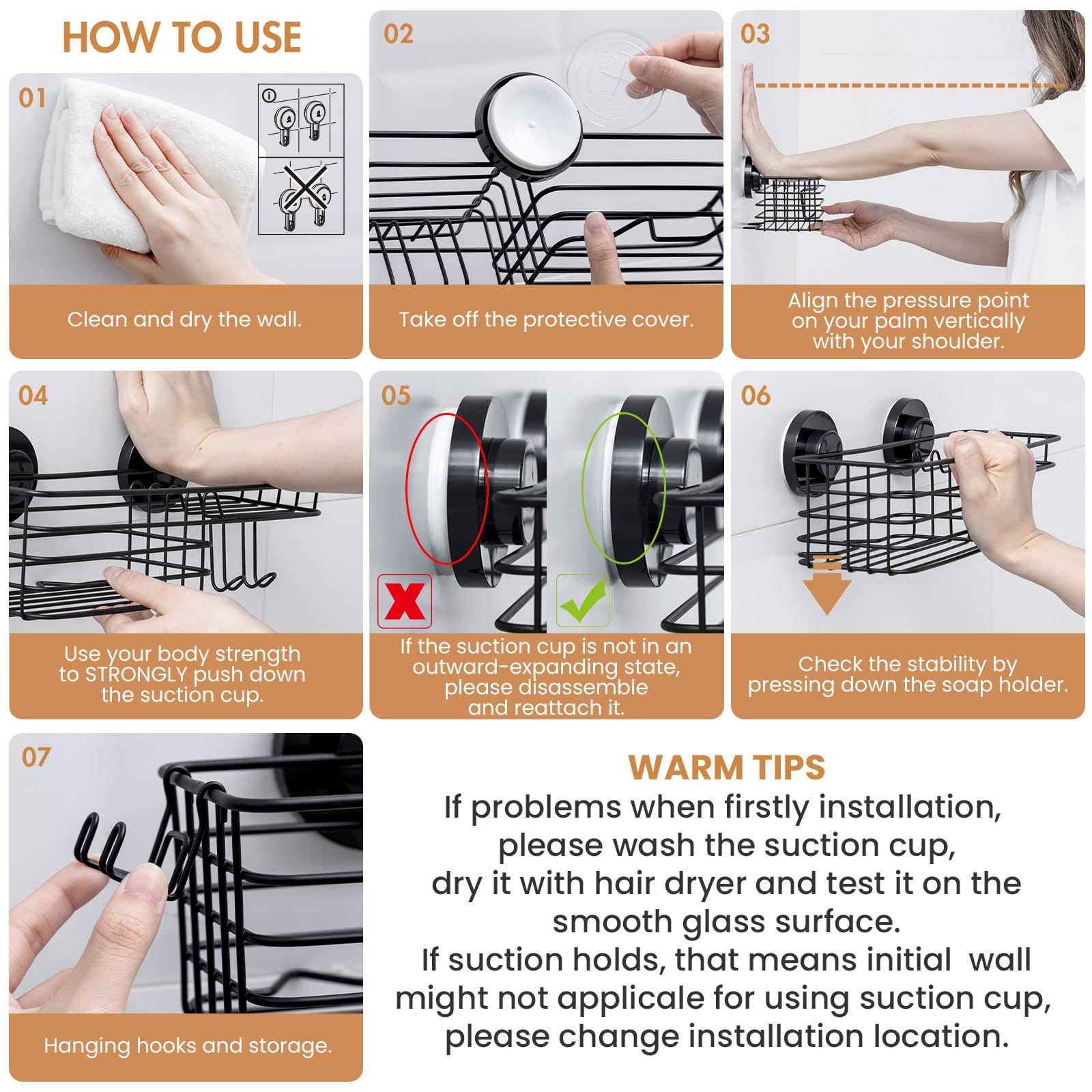 LEVERLOC Shower Caddy Suction Cup, 2 Pack Shower Shelves for Inside Shower with Hooks & Soap holder, NO-Drilling Suction Bathroom Shower Organizer, Stainless Steel Black Shower Storage