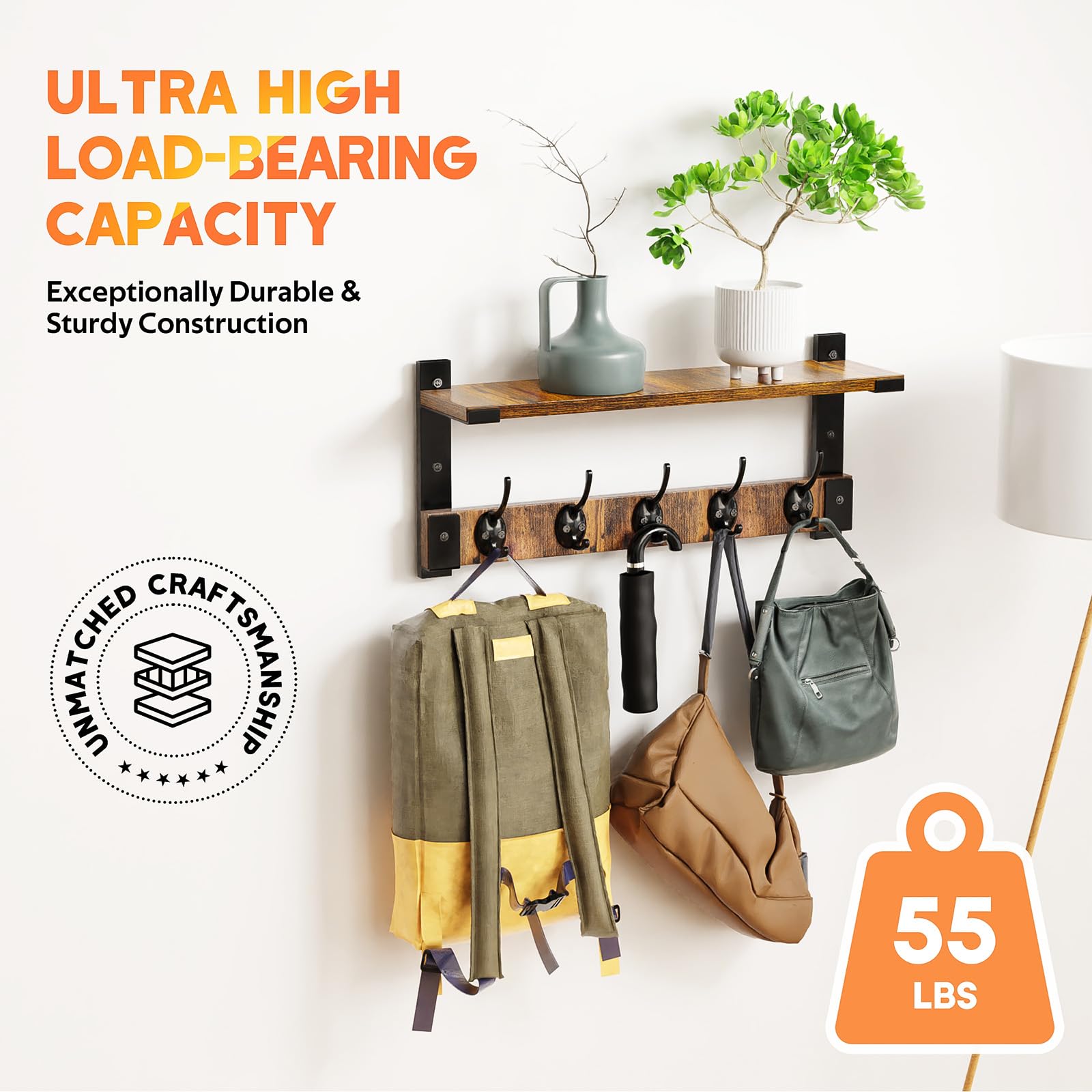 Oraich Wall Hooks with Shelf, Coat Rack Wall Mount, Shelf with Hooks for Coat Backpack Key Clothes Hanger, Wall Floating Shelf Hanging in Entryway, Living Room, Bathroom, Bedroom, Kitchen