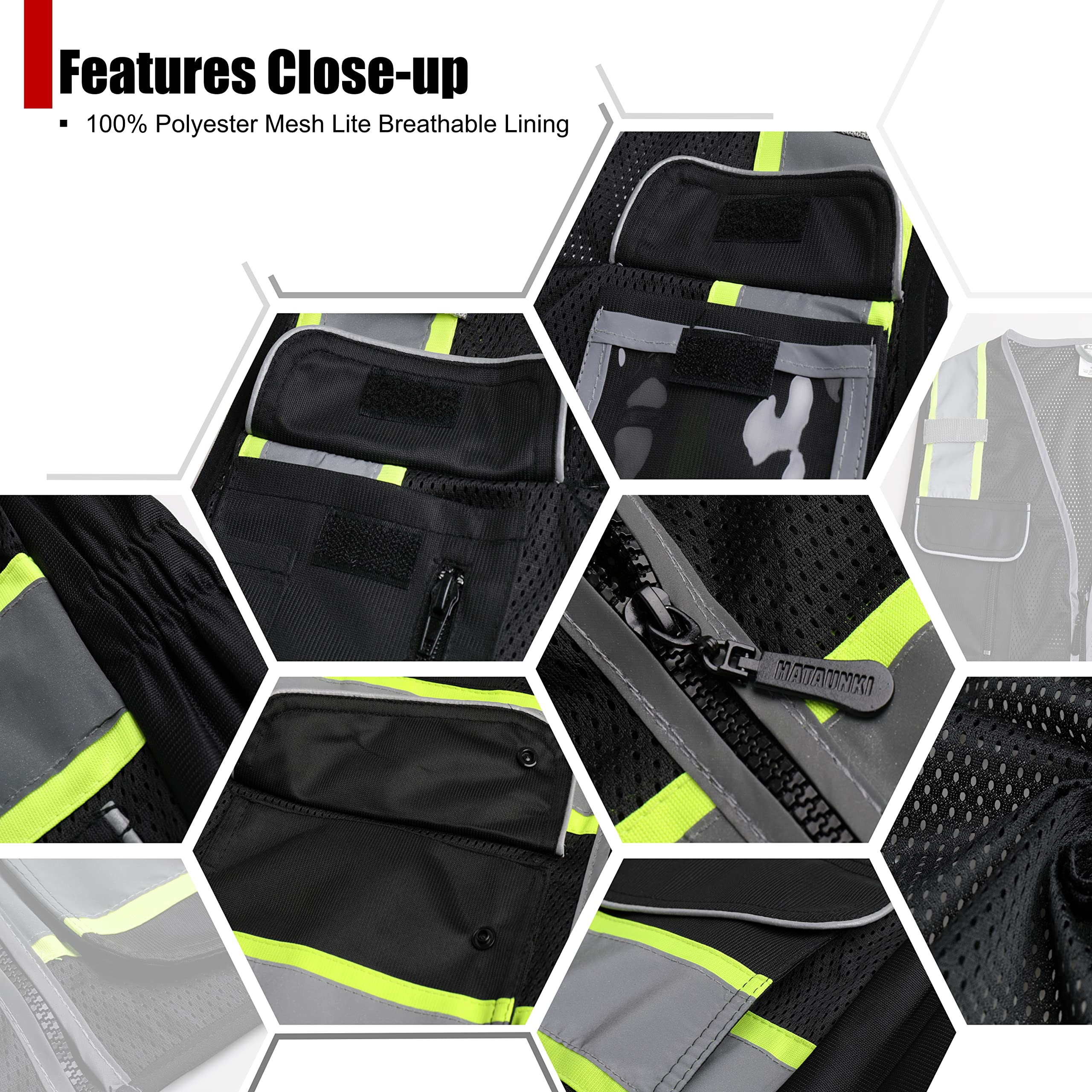 HATAUNKI High Visibility Reflection Black Mesh Safety Vests with 9 Pockets and Front Zipper, hi vis safety vest for Women, Meets ANSI/ISEA Standards(Black-16,X-Large)