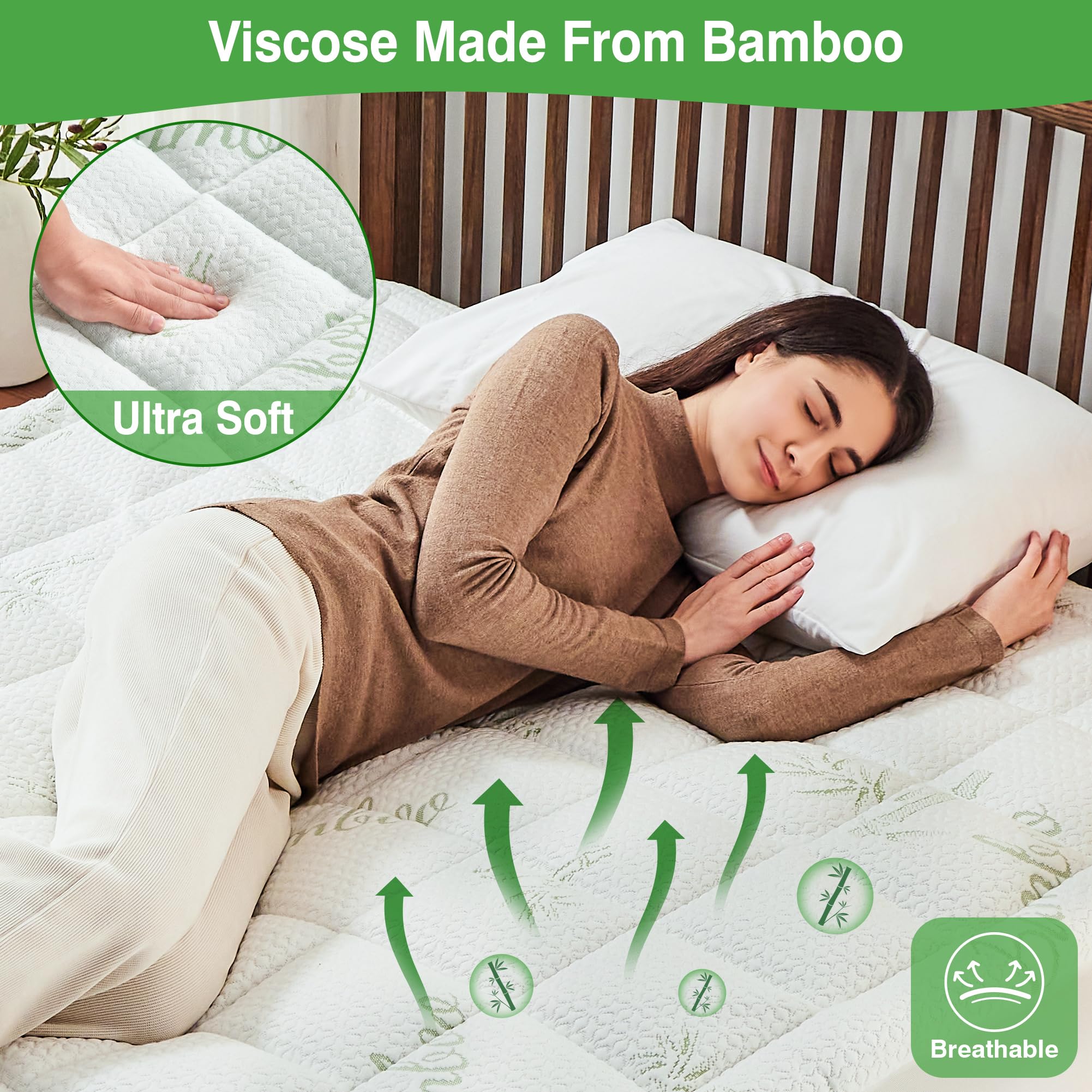 GOONIK Queen Mattress Pad Cover, Viscose Made from Bamboo Pillow Top Cooling Mattress Topper for Queen Size Bed, 6-21 inches Deep Pocket, 60x80 inches